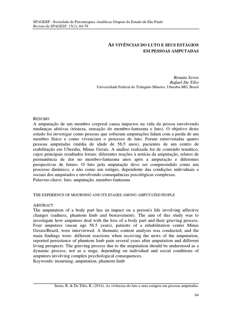 AS VIVÊNCIAS DO LUTO E SEUS ESTÁGIOS em Pessoas Amputadas | PDF ... AS VIVÊNCIAS DO LUTO E SEUS ESTÁGIOS em Pessoas Amputadas | PDF ...
