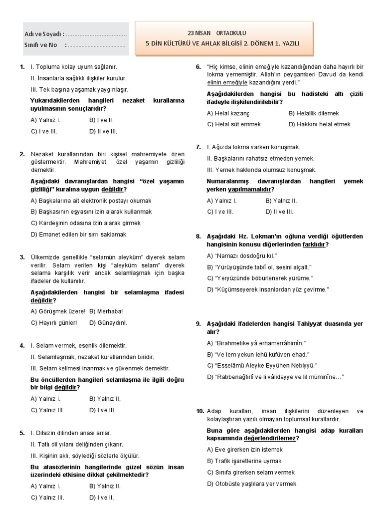 5 Dkab 2 Donem 1 Yazili 20 Coktan Secmeli Izzeteker | PDF