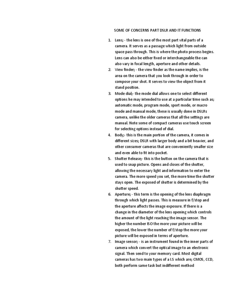 Some of Vital Parts of DSLR and It Functions | PDF | Camera | Digital ...