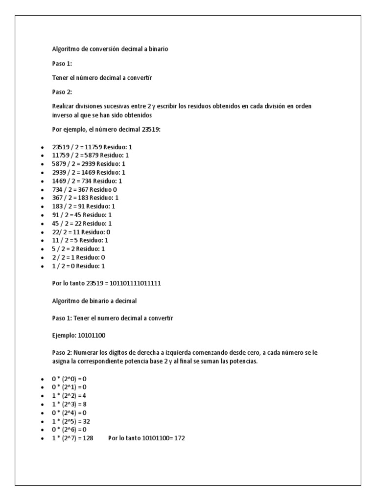 Conversión entre decimal y binario | PDF