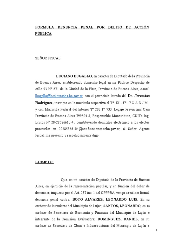 Formula Denuncia Penal - Tordel S.A. - Mun. Luján. Ok | PDF | Derecho penal | Fiscal