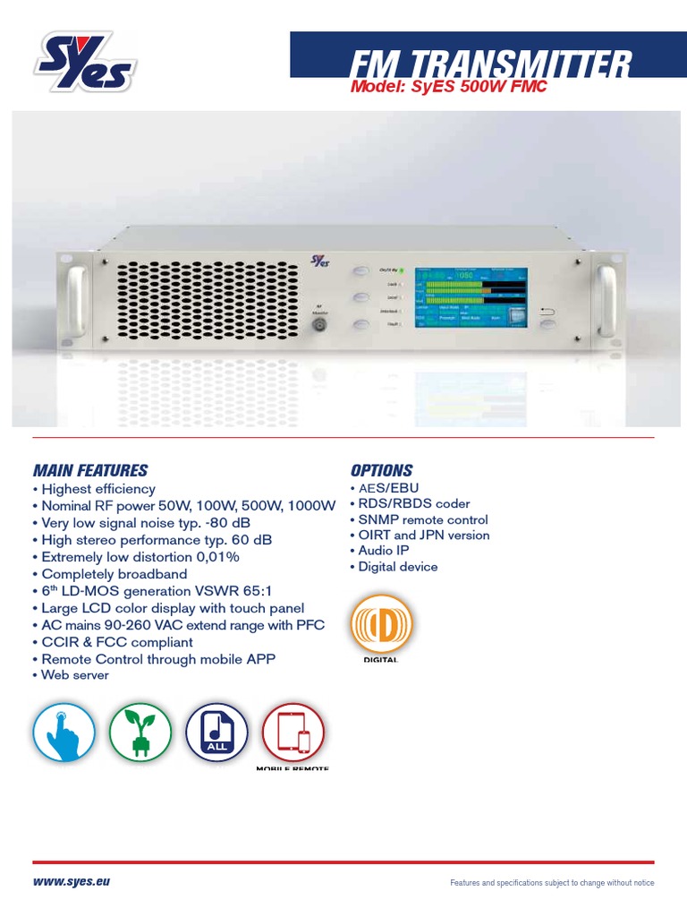 FM Transmitter: Model: Syes 500W FMC | PDF | Distortion | Frequency Modulation