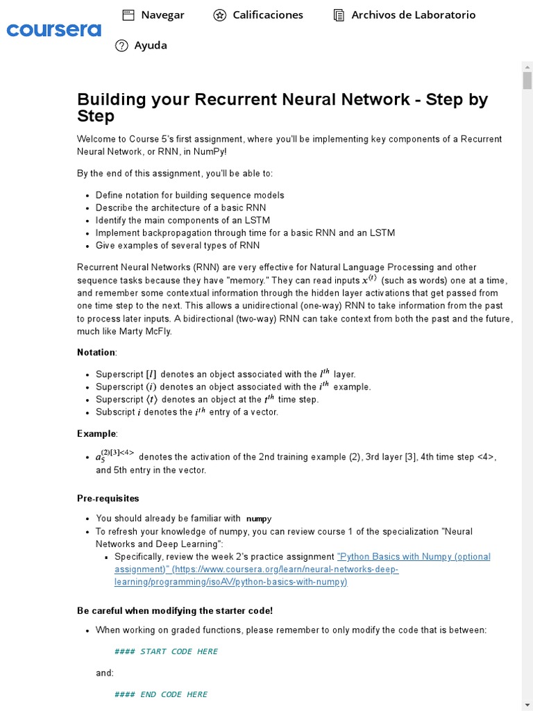 Building Your Recurrent Neural Network - Step by Step - Coursera | PDF Building Your Recurrent Neural Network - Step by Step - Coursera | PDF