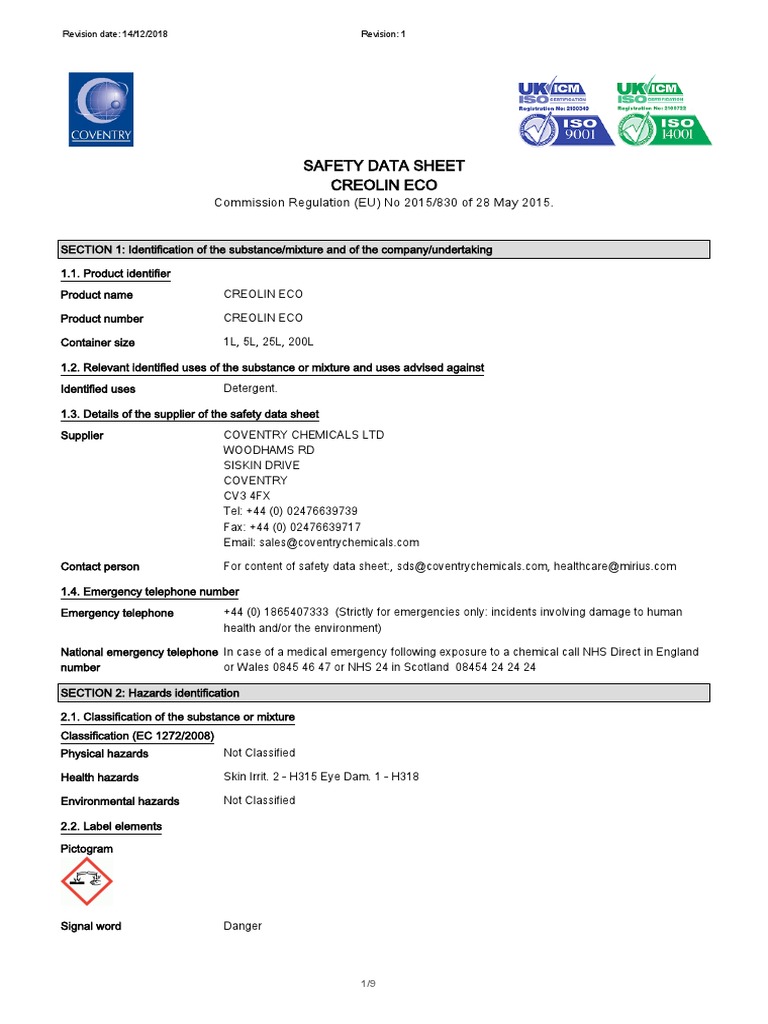Safety Data Sheet for Creolin Eco Disinfectant Cleaner | PDF ...