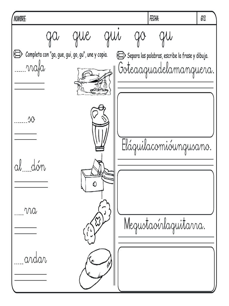 Actividades con sílabas ga, gue, gui, go, gu | PDF