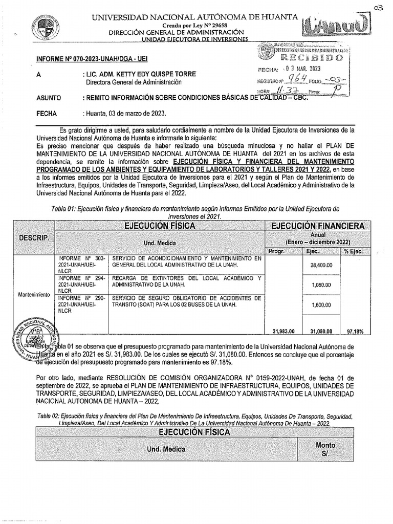 Informe de Ejecucion Fisica y Financiera Del Plan de Mantenimiento 2021 ...
