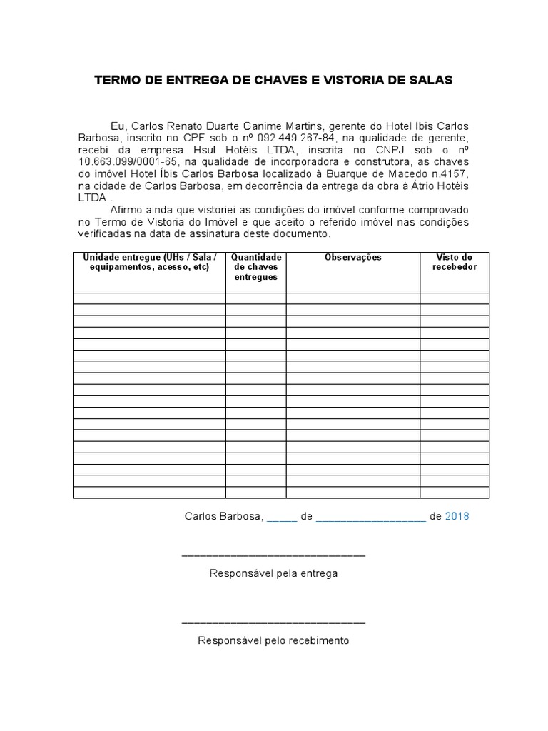 Termo de Entrega de Chaves e Vistoria | PDF