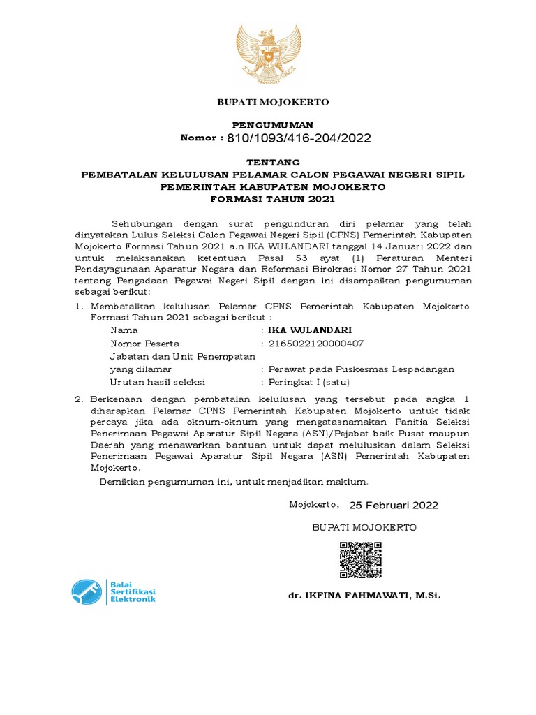 Pengumuman Pembatalan Kelulusan CPNS Formasi Tahun 2021 | PDF