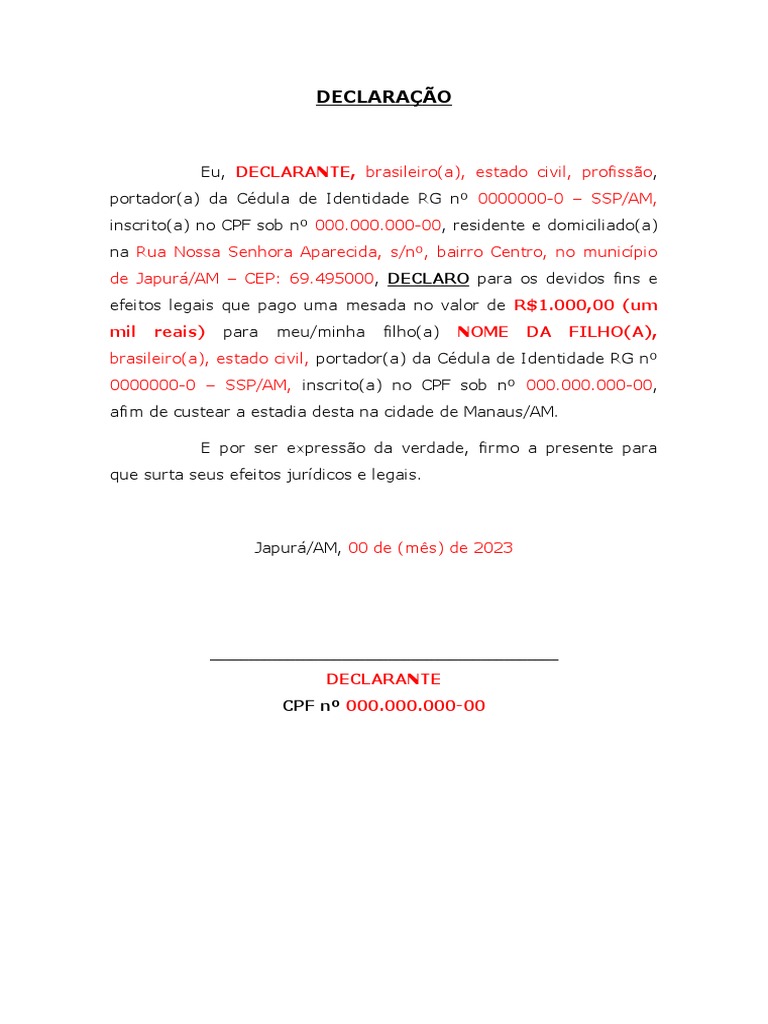 Declaração: DECLARANTE, Brasileiro (A), Estado Civil, Profissão | PDF