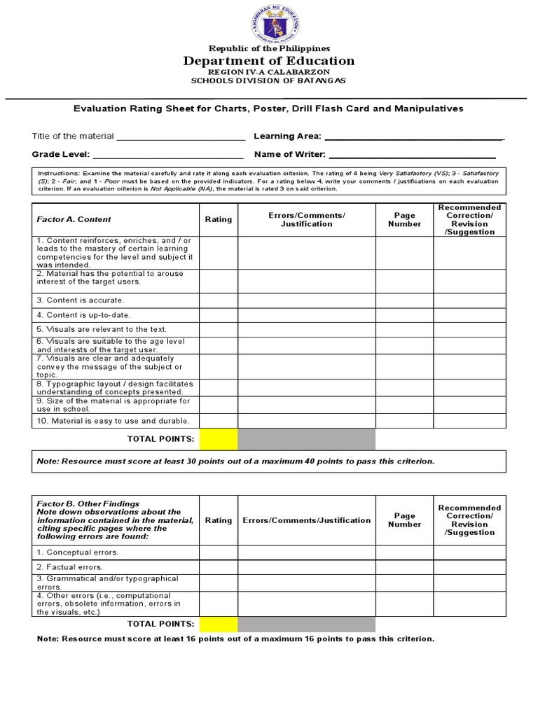 Evaluation Rating Sheet For Charts Poster Drill Flash Card and ...