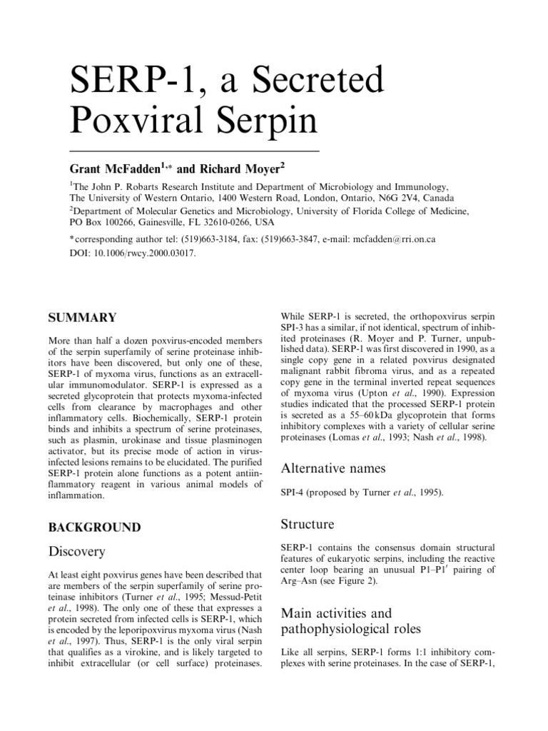 SERP-1-a Secreted Poxviral Serpin | PDF | Gene | Enzyme Inhibitor