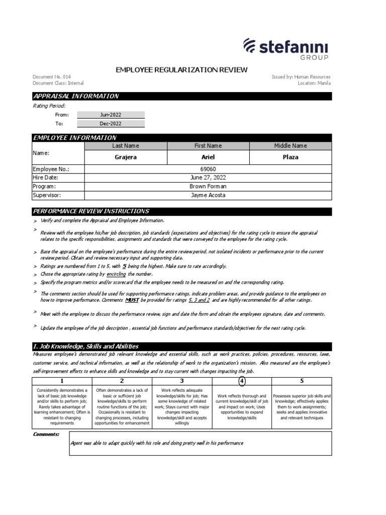 Employee Regularization Review: Appraisal Information | PDF ...
