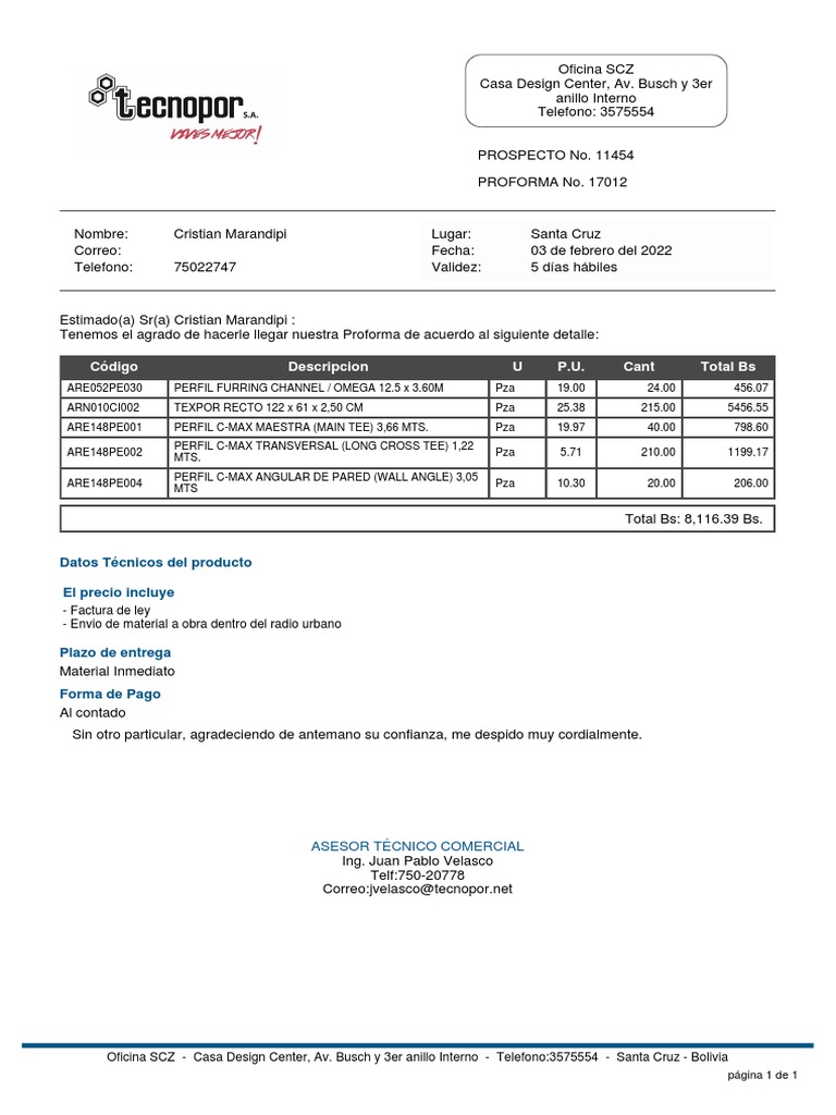 Código Descripcion U P.U. Cant Total BS: Datos Técnicos Del Producto El ...