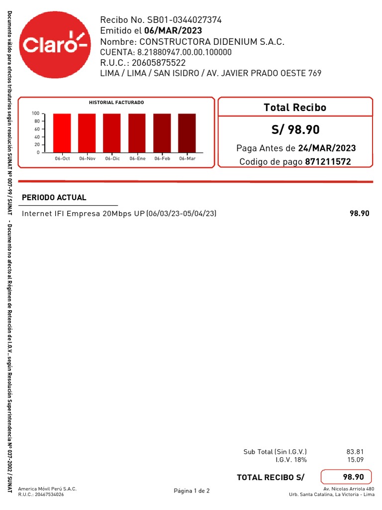 Recibo Claro: Internet 20Mbps Marzo 2023 | PDF | Industrias de servicio ...