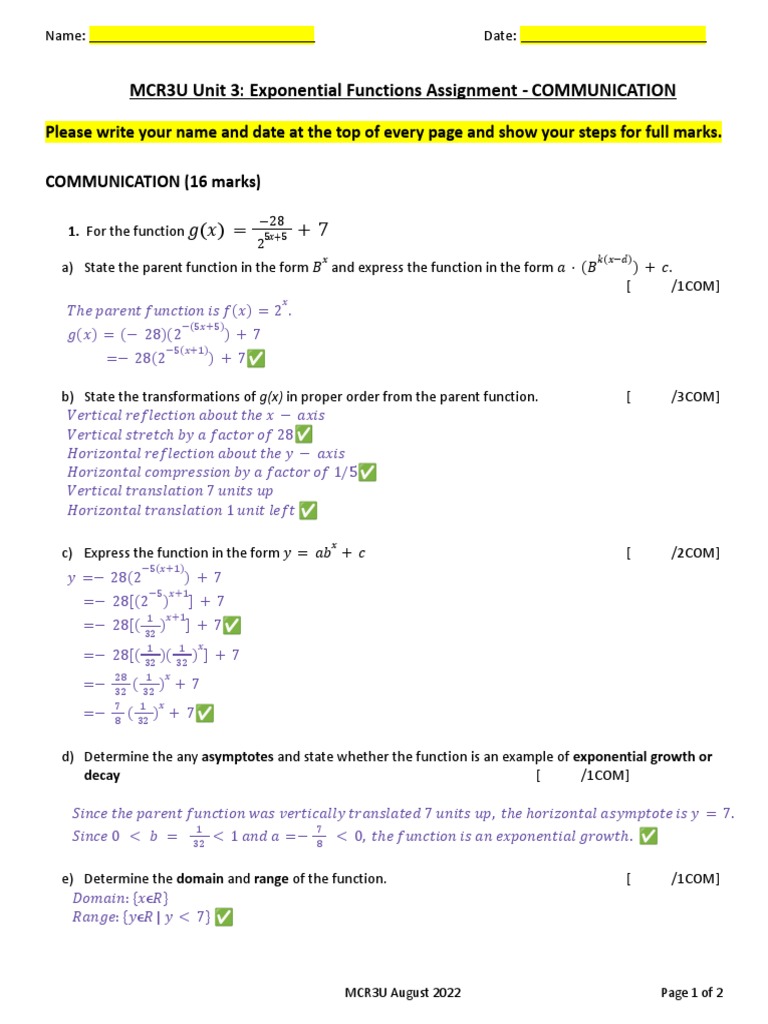 MCR3U Unit 3: Exponential Functions Assignment - COMMUNICATION | PDF ...