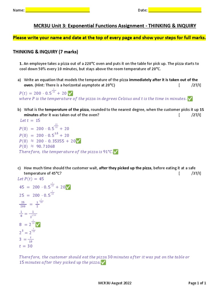MCR3U Unit 3: Exponential Functions Assignment - THINKING & INQUIRY ...
