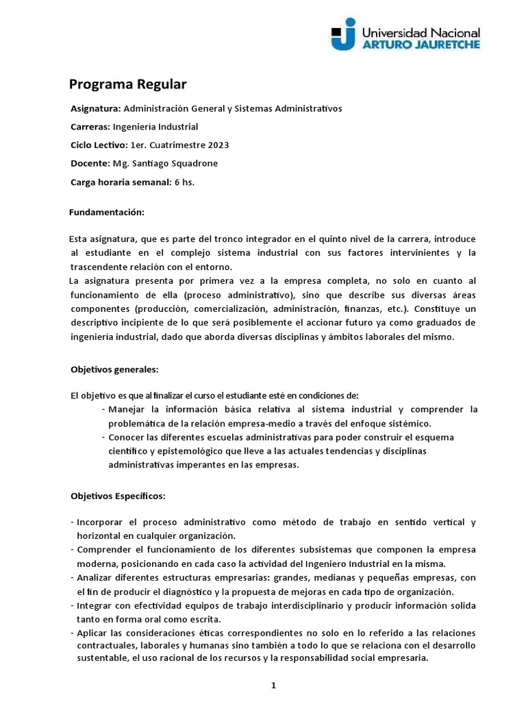 Programa Administracion General 2023 UNAJ | PDF | Planificación | Diseño