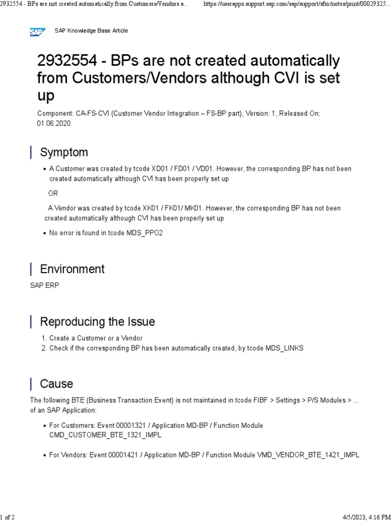 BPs Are Not Created Automatically From Customers - Vendors Although CVI Is Set Up | PDF ...