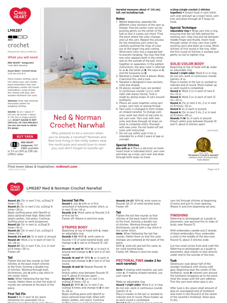 Red Heart - Ned & Norman Crochet Narwhal in Amigurumi (Downloadable PDF ...