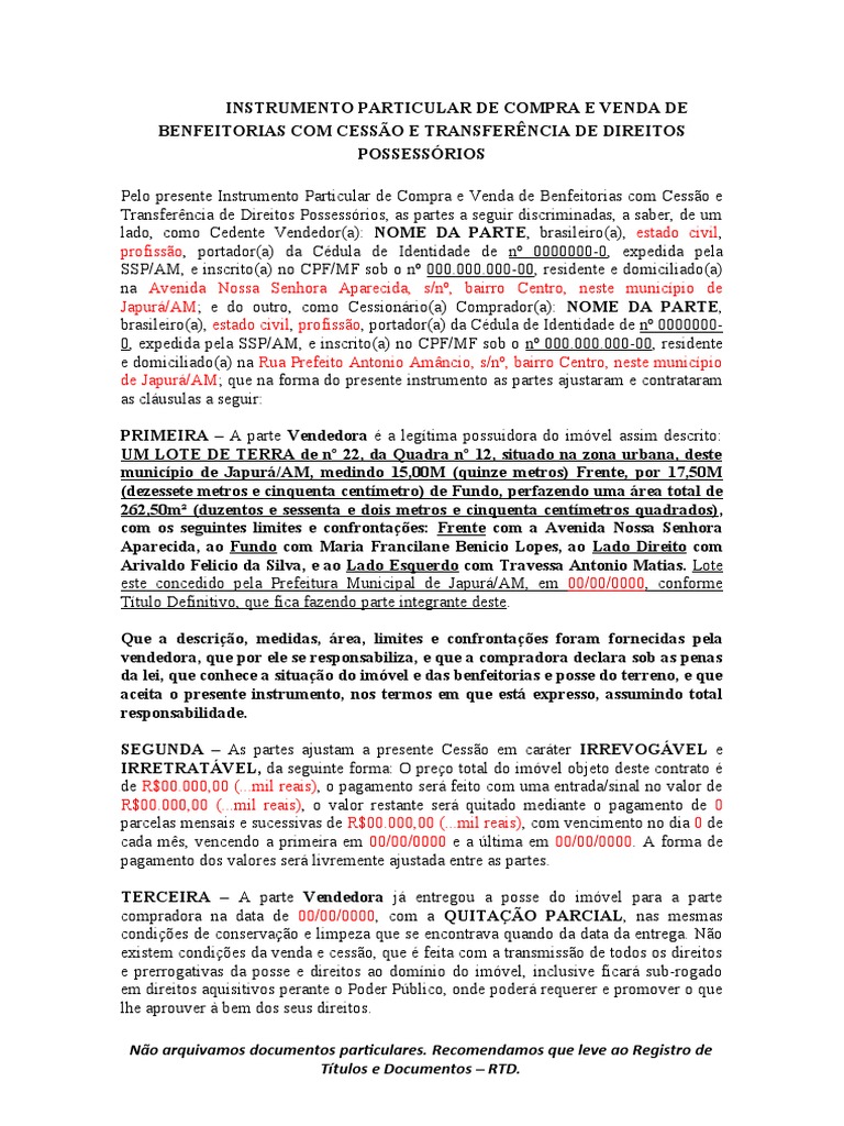 Instrumento Particular de Compra e Venda de Benfeitorias Com Cessão e Transferência de Direitos ...