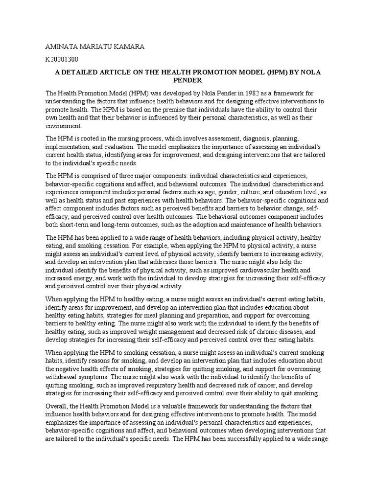 A Detailed Article On The Health Promotion Model (HPM) by Nola Pender ...