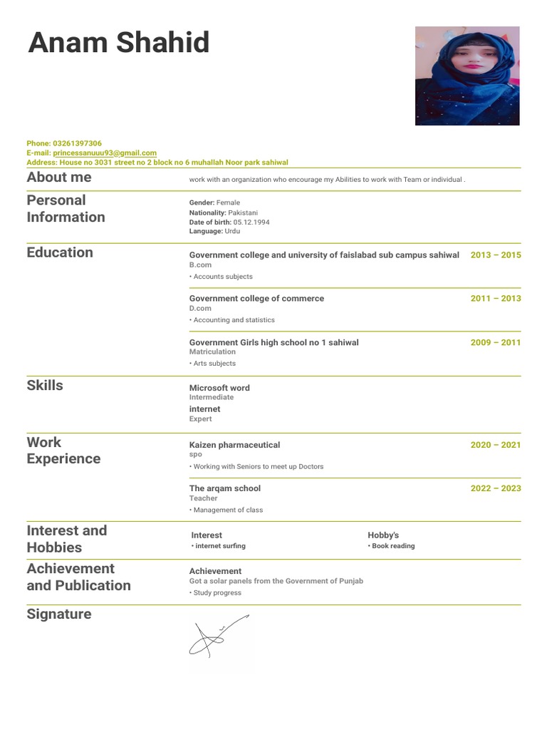 Anam Shahid's Resume: Contact Information, Education History, Skills, Work Experience and ...
