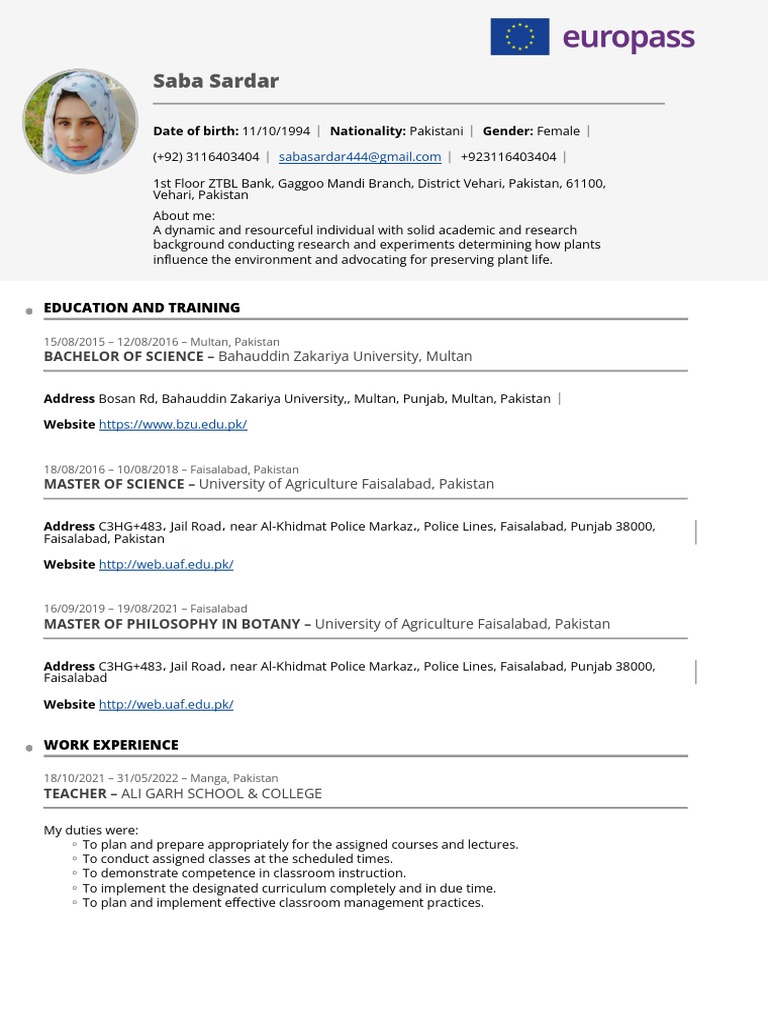 CV - Saba Sardar | PDF | Pakistan | Behavior Modification