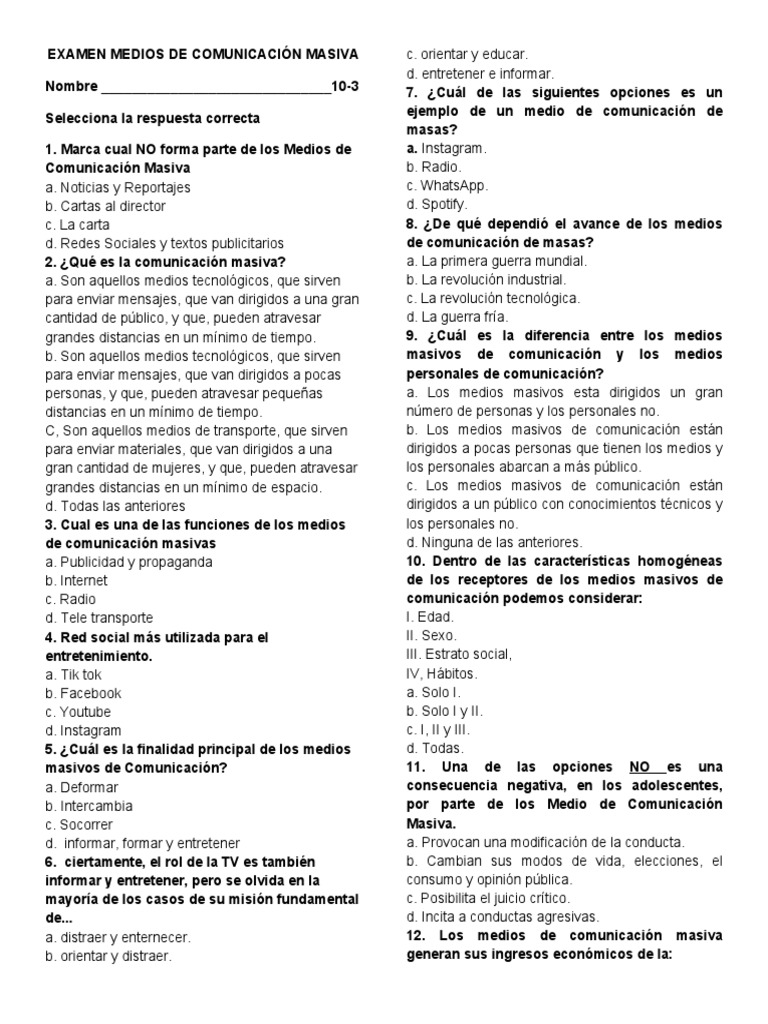 EXAMEN MEDIOS DE COMUNICACIÓN MASIVA | PDF | Medios de comunicación ...