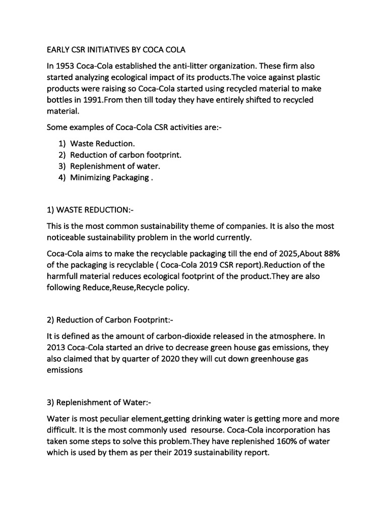 Early CSR Initiatives and Continued Efforts of Coca-Cola to Reduce ...