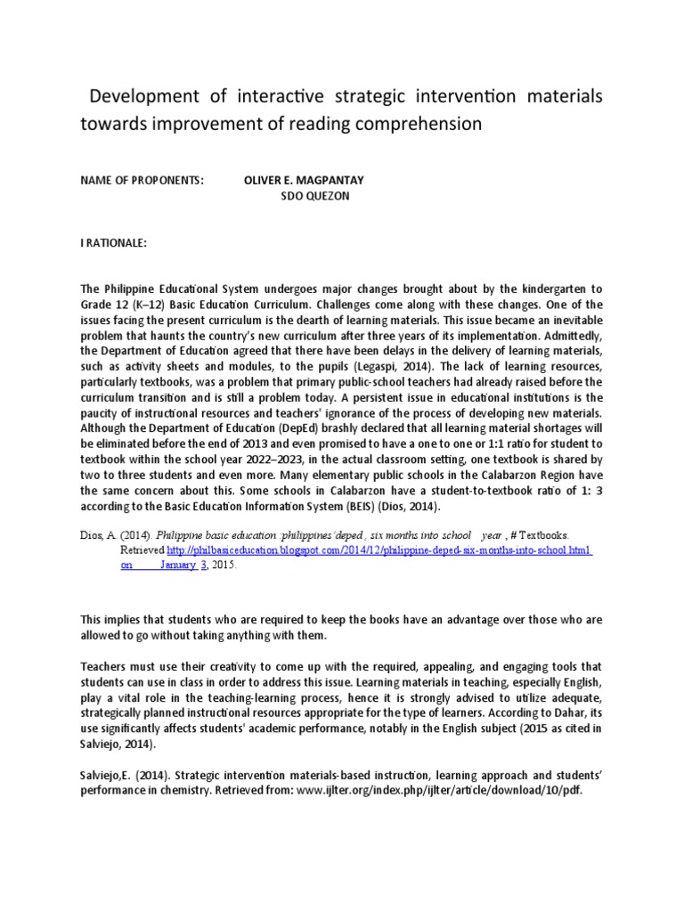 Development of Interactive Strategic Intervention Materials Towards Improvement of Reading ...