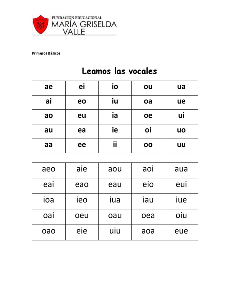 Leamos Las Vocales Ae Ei Io Ou Ua Ai Eo Iu Oa Ue Ao Eu Ia Oe Ui Au Ea ...