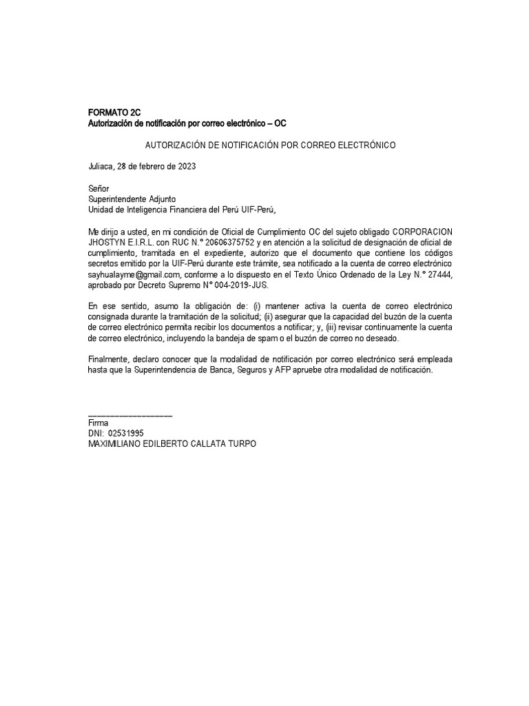 FORMATO 2C - Autorización de Notificación Por Correo Electrónico - OC | PDF FORMATO 2C - Autorización de Notificación Por Correo Electrónico - OC | PDF