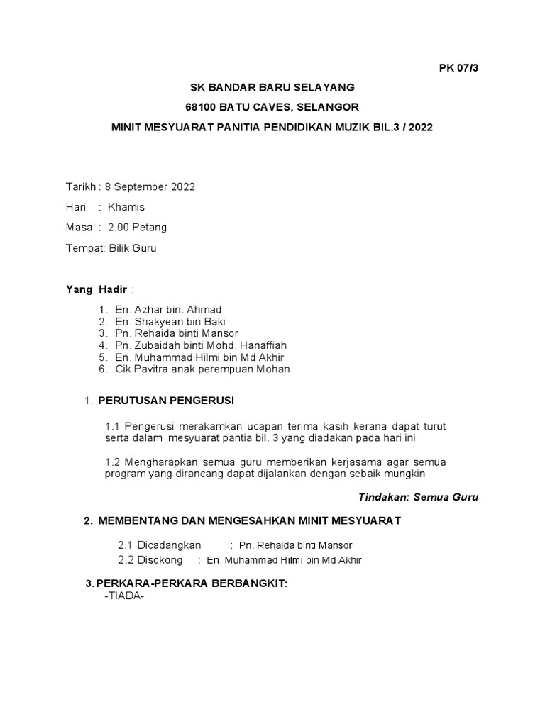Mesyuarat Panitia Muzik Bil.3 | PDF