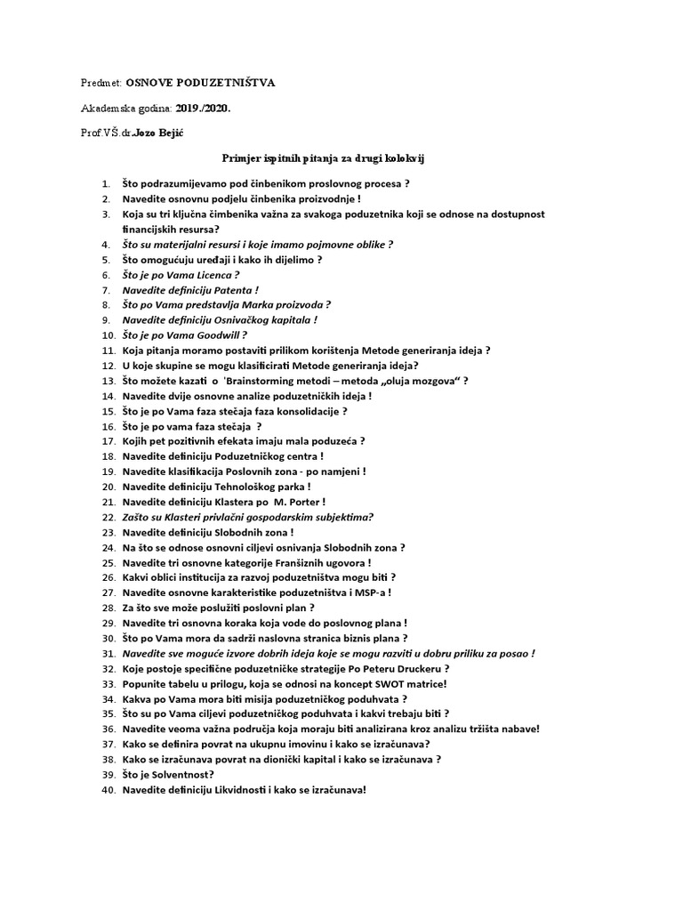 Ispitnja Pitanja Za Drugi Kolokvij-Osnove Poduzetnistva | PDF
