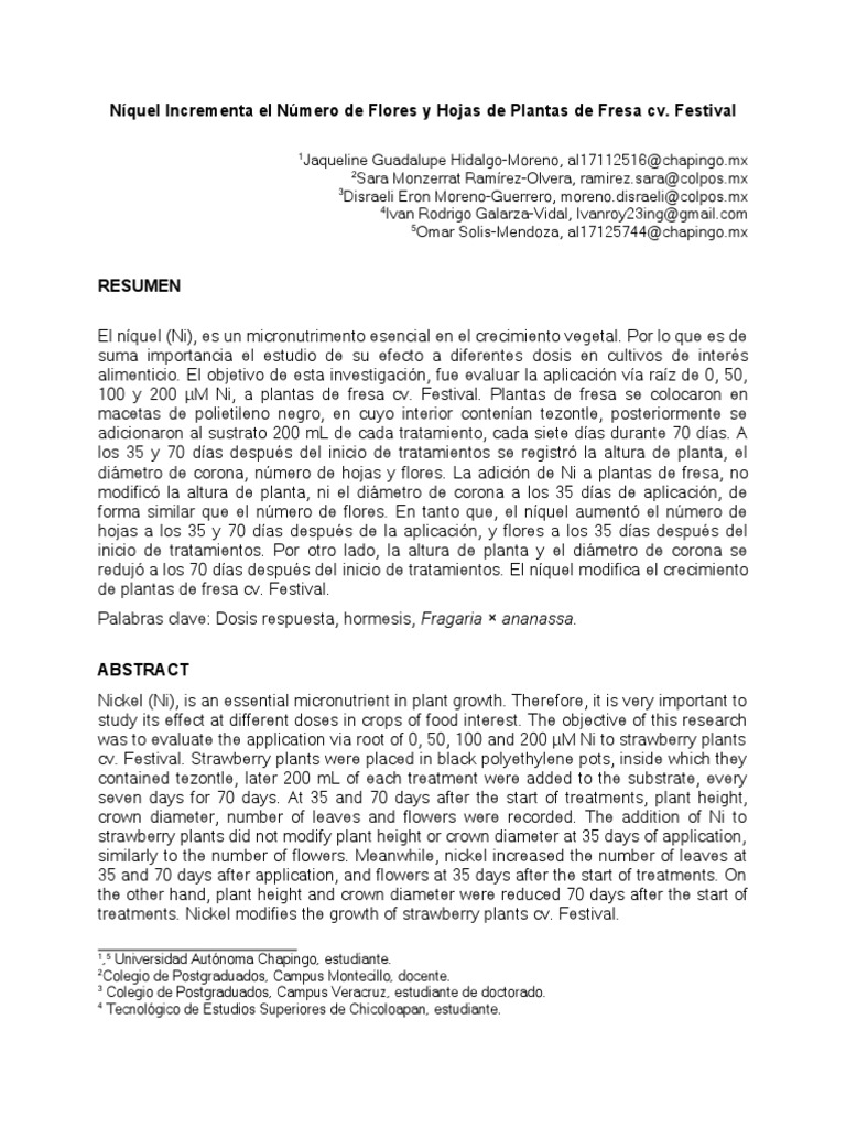 Níquel Incrementa El Número de Flores y Hojas de Plantas de Fresa Cv ...