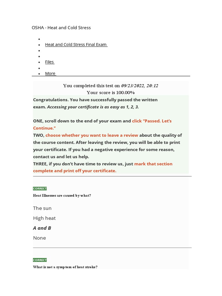 OSHA Heat and Cold Stress Exam Guide | PDF | Wellness