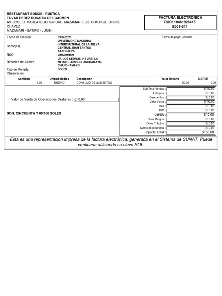 Factura electrónica por consumo de alimentos en restaurante Rustica ...