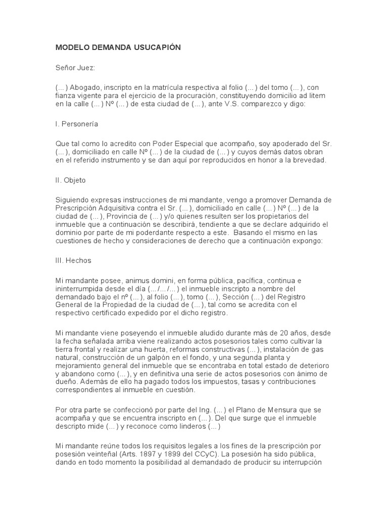 Modelo Demanda Usucapión | PDF
