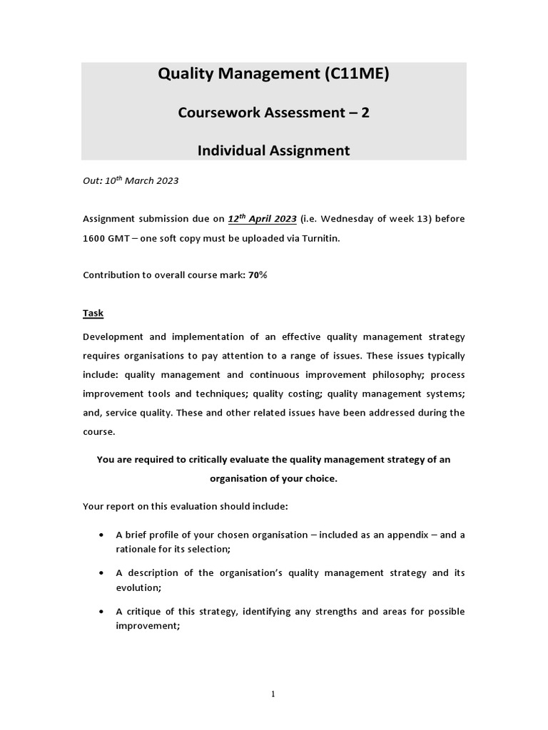 C11ME Quality Management Coursework 2 Brief | PDF | Quality Management | Business