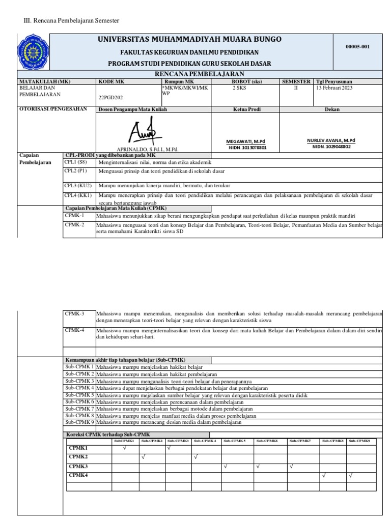 RPS Mata Kuliah Belajar Dan Pembelajaran | PDF