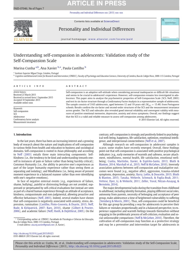 Understanding Self-Compassion in Adolescents - Validation Study of The ...