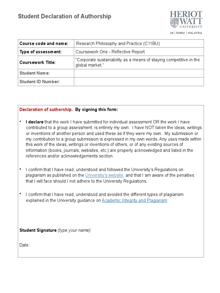 Student Declaration of Authorship: Course Code and Name: Type of ...
