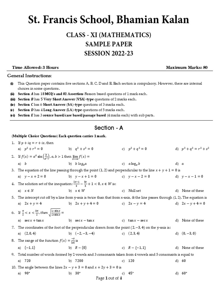 St. Francis School, Bhamian Kalan: Class - Xi (Mathematics) Sample Paper SESSION 2022-23 | PDF ...