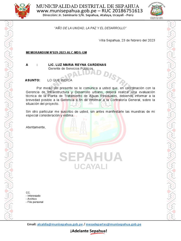 Memorandum N°029-2023-Alc-Mds-Gm | PDF