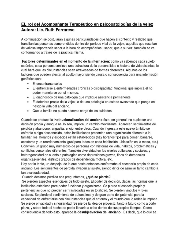 Acompanante Terapeutico y Vejez. El Rol de AT en La Vejez (Instituciones) | PDF | Vejez ...
