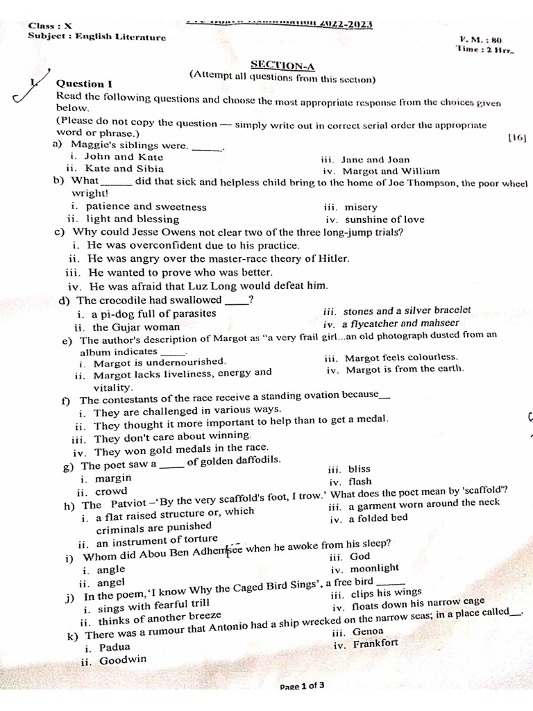 Eng Lit Pre Board Paper | PDF