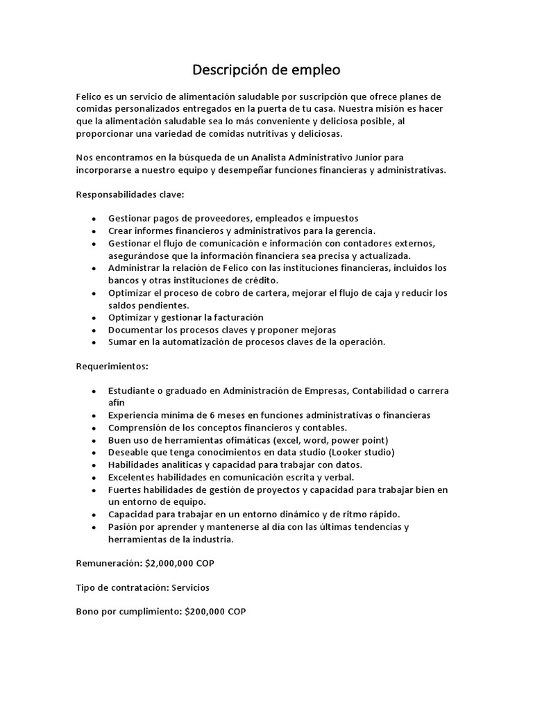 Analista Administrativo Junior en Felico | PDF | Crecimiento personal y profesional | Finanzas y ...