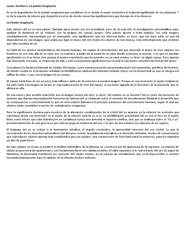 Lacan. Escritos 1. La Pasión Imaginaria. | PDF | Jacques Lacan | Sicología