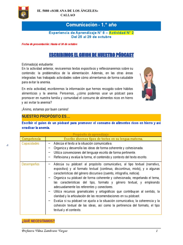 Experiencia de Aprendizaje #8 - Actividad #2 - 1.° Grado | PDF | Podcast | Aprendizaje