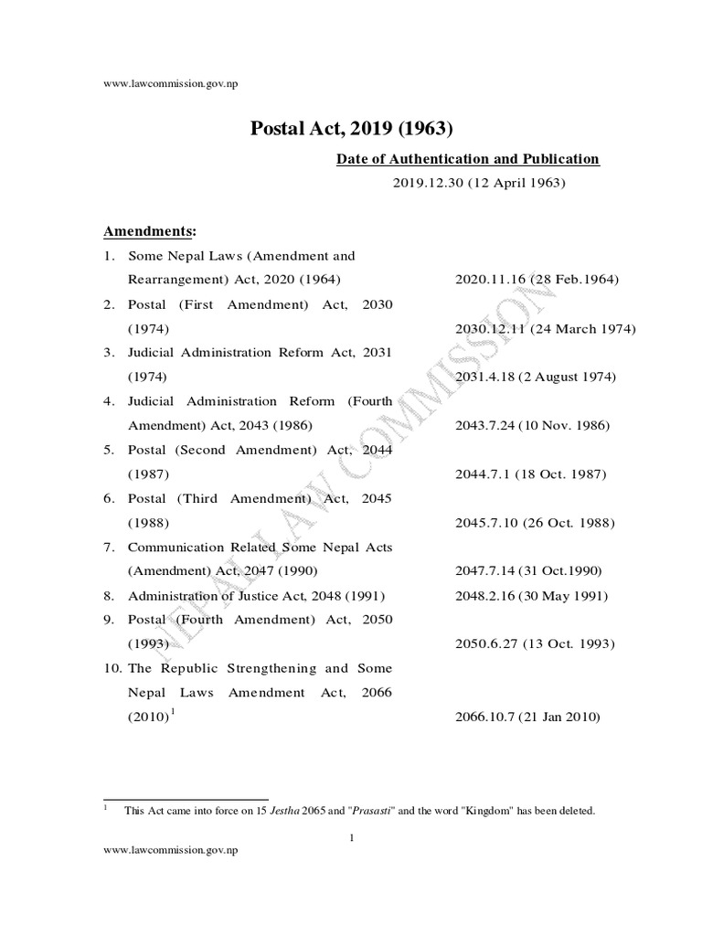 Postal Act, 2019 (1963) : Date of Authentication and Publication | PDF ...
